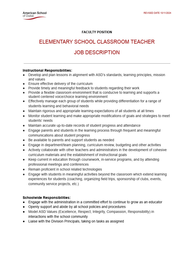 Elementary School Teacher Job Description | PDF | Teachers | Learning