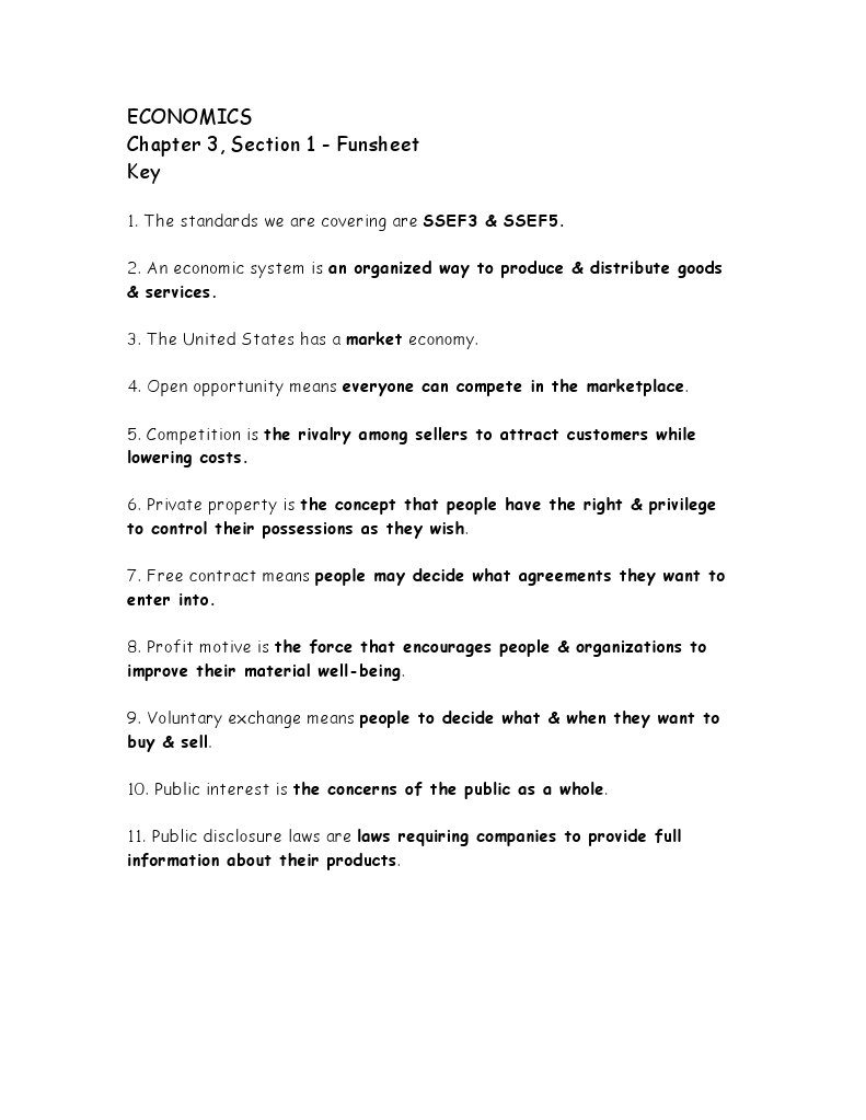 Economics Chapter 3, Section 1 - Funsheet Key: & Services | PDF ...