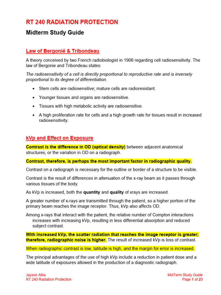 JA - RT 240 MidTerm Study Guide v2 | PDF | Electron | X Ray