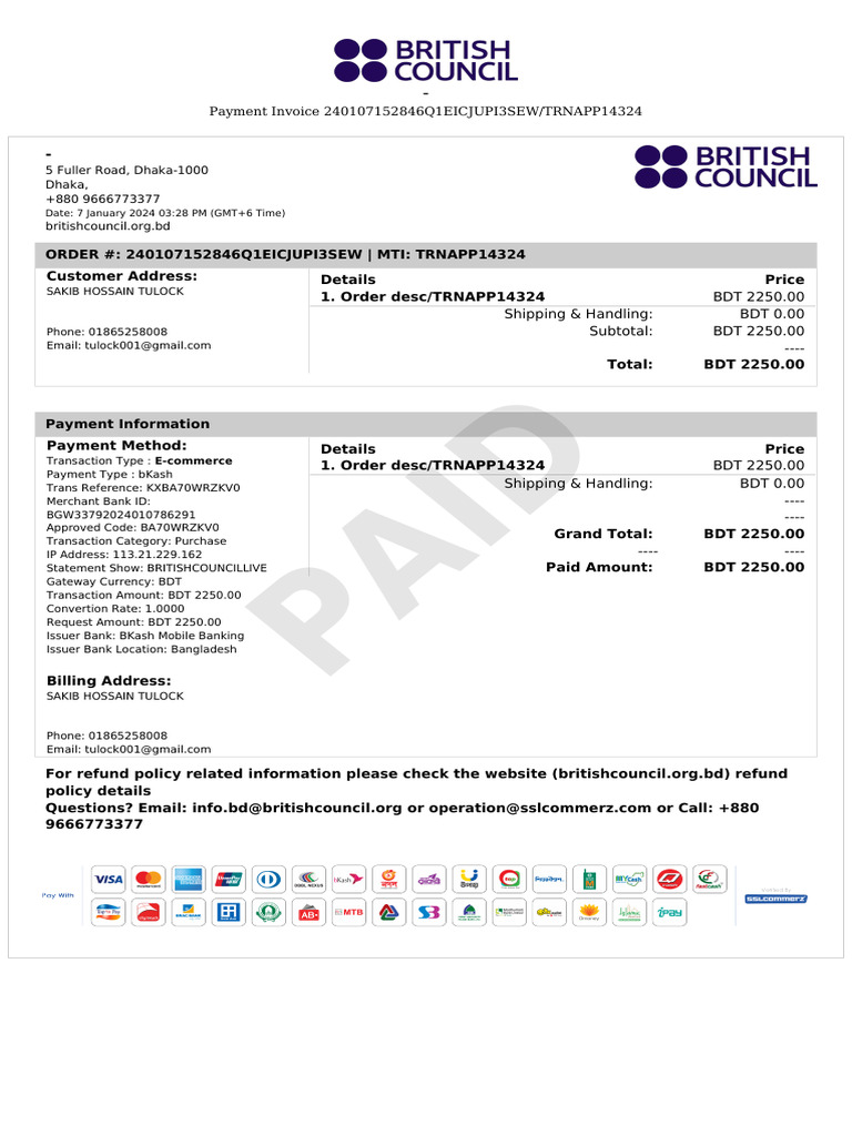 Payment Confirmation for Order 240107 | PDF