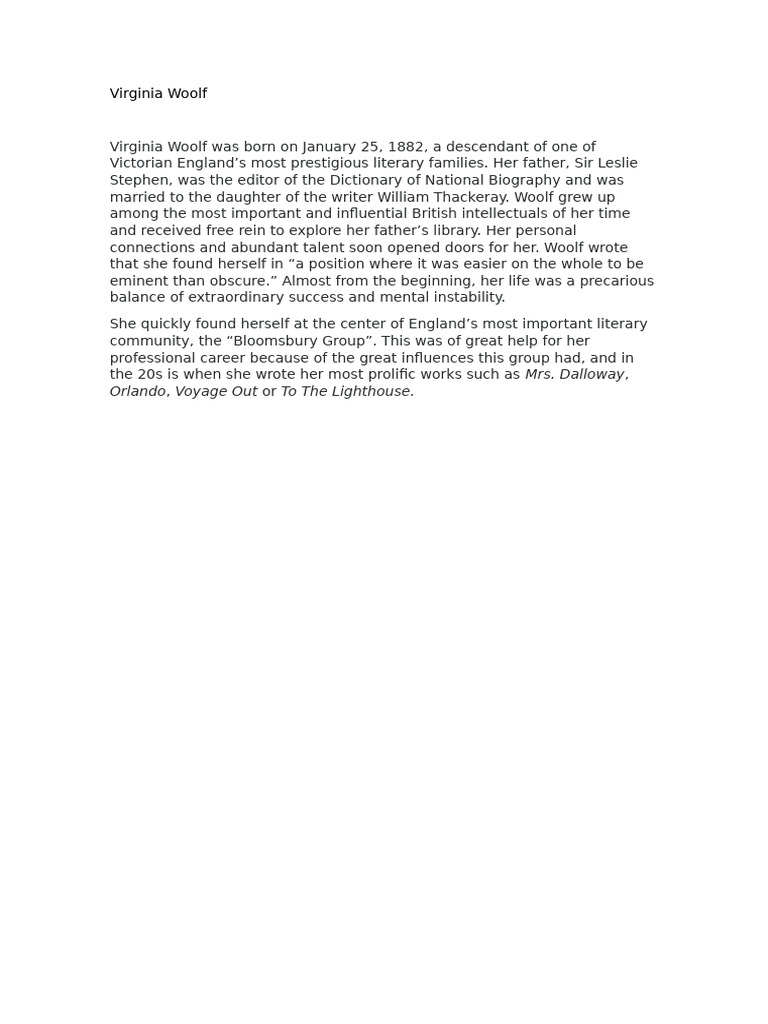 Virginia Woolf: Life and Legacy | PDF