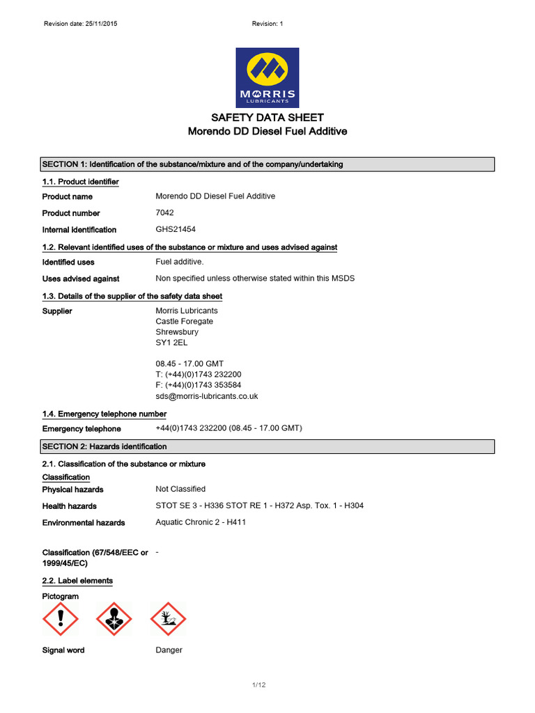 Msds Diesel Oil Additive | PDF | Occupational Safety And Health | Safety