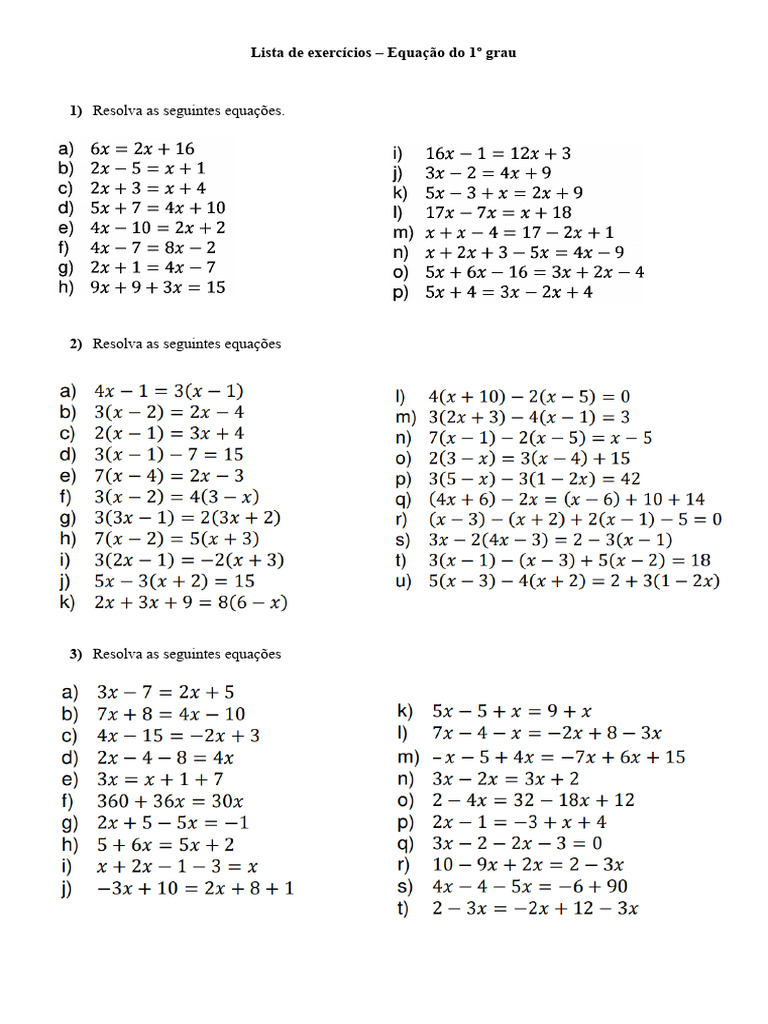 Lista de Exercícios - Equação Do 1º Grau | PDF