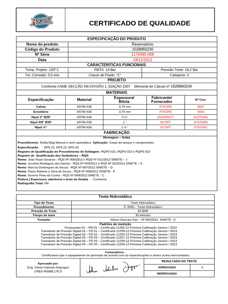 E - Certificado de Qualidade 1028860230 | PDF | Engenharia Mecânica | Mecânica de continuidade