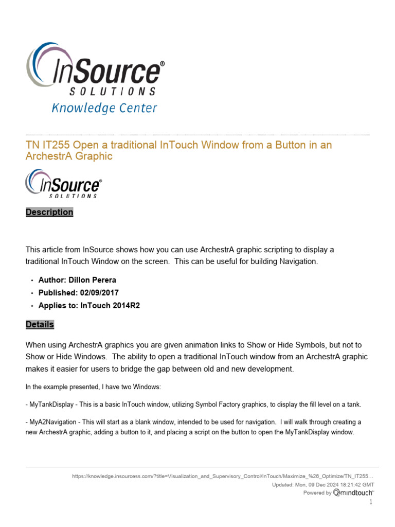 TN IT255 Open A Traditional InTouch Window From A Button in An ...