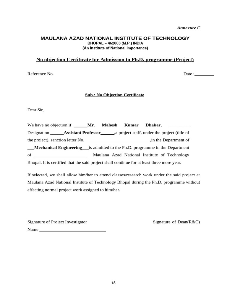 Maulana Azad National Institute of Technology: No Objection Certificate For Admission To Ph.D ...