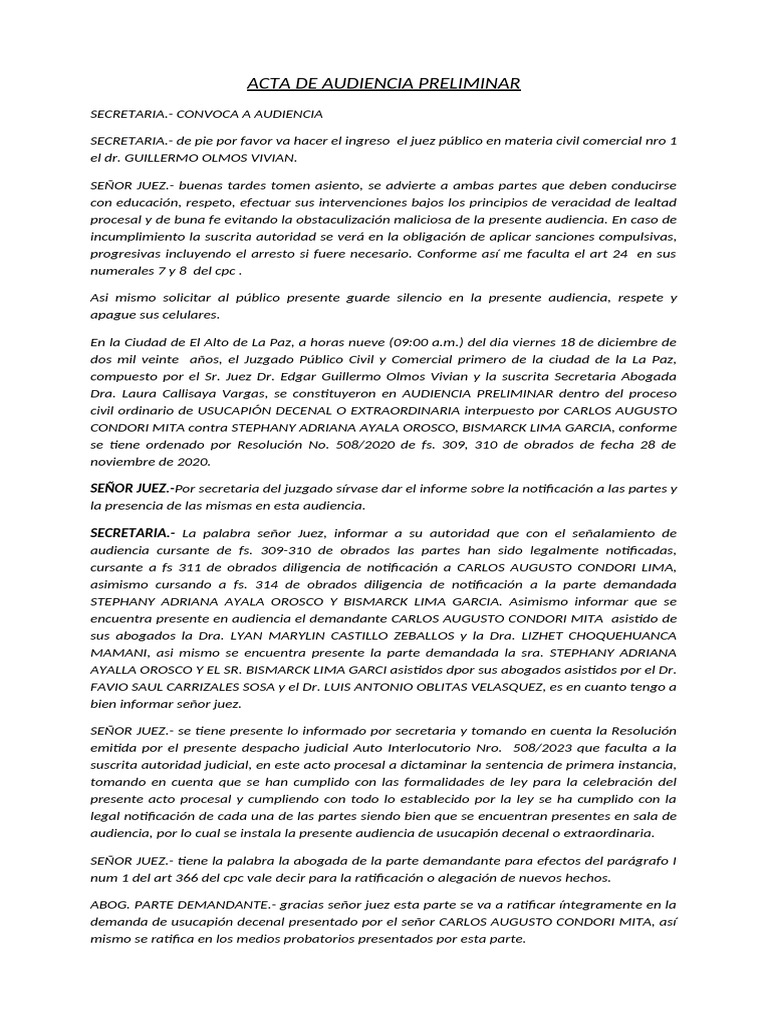 ACTA DE AUDIENCIA PRELIMINAR CON ALEGATOS | PDF | Estoppel colateral | Demanda judicial
