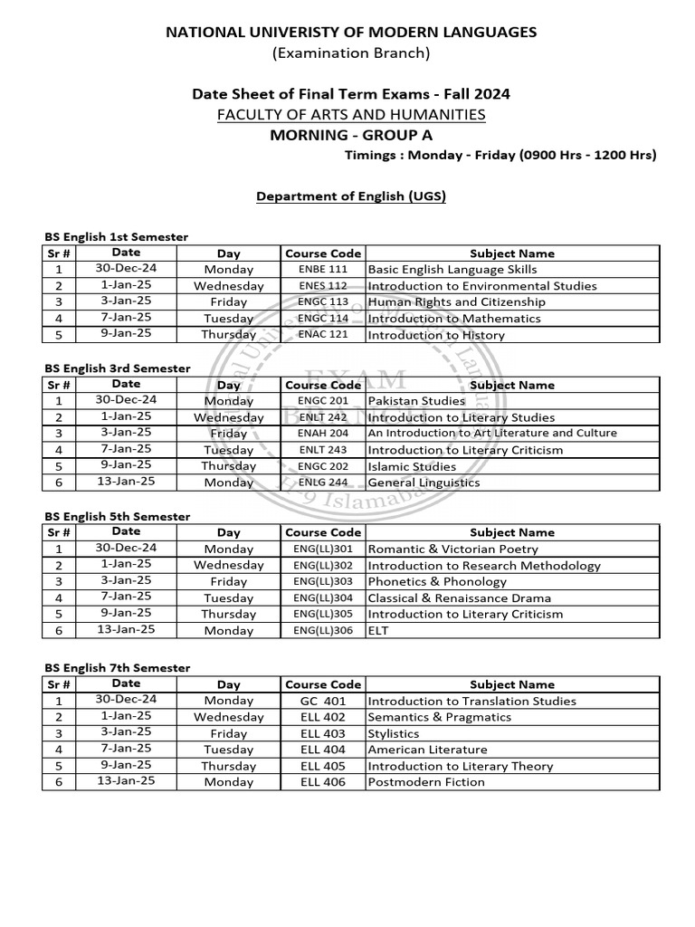 1733137709BS English Final Term Date Sheet Fall 24 | PDF | Linguistics | Academic Term