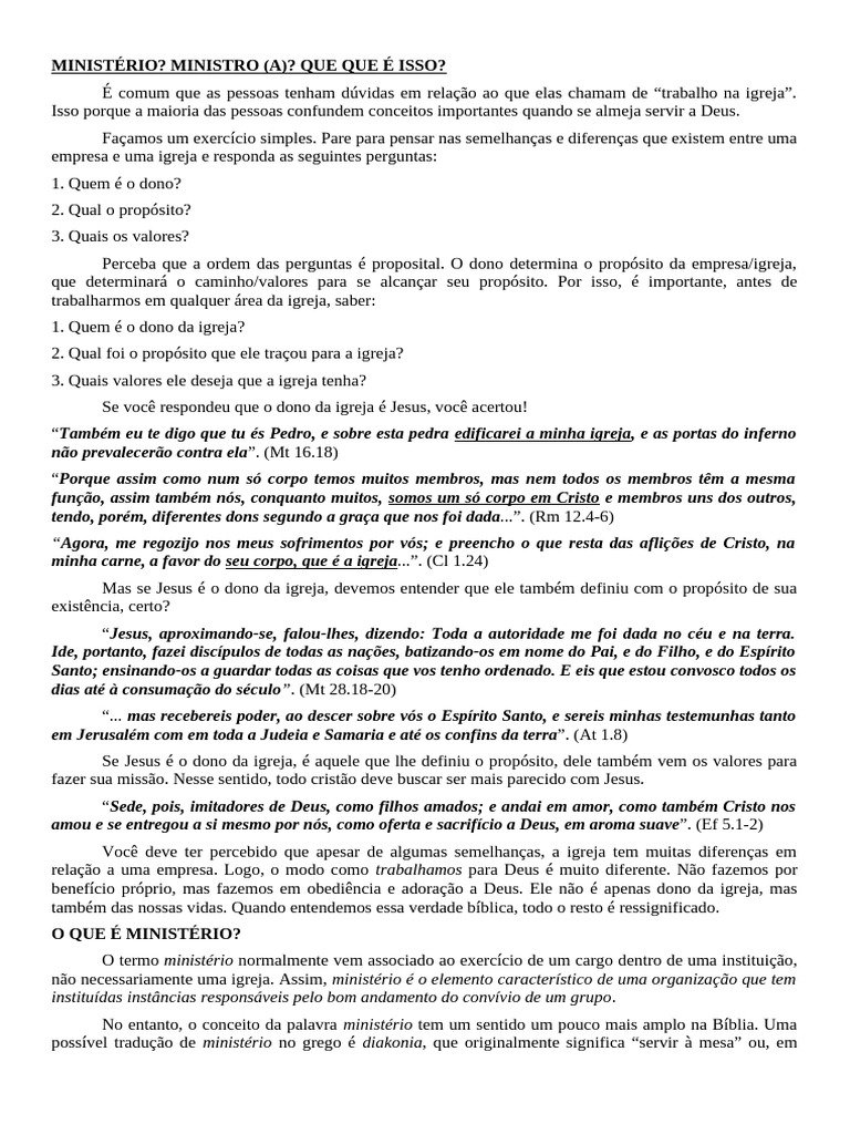 O QUE É MINISTÉRIO | PDF | Igreja cristã | Jesus