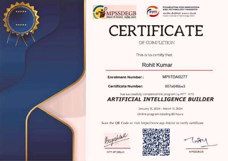MP FITT IITD Artificial Intelligence Builder Certificate - 261 | PDF