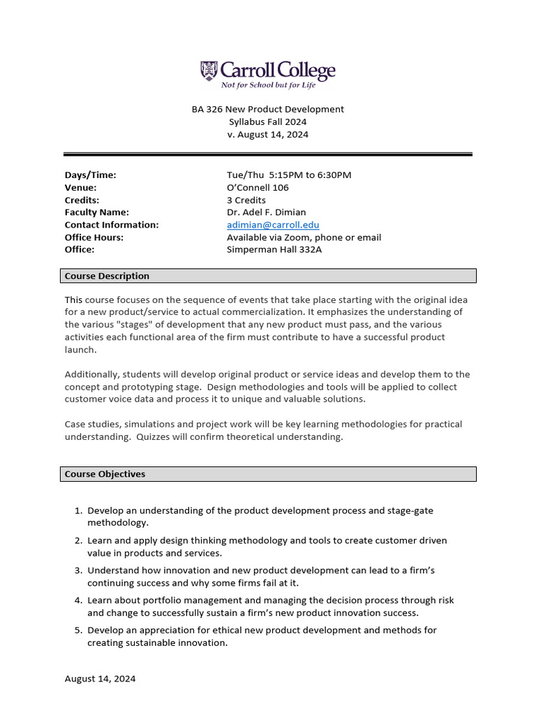 BA326 NPD Syllabus Fall 2024 | PDF | Academic Dishonesty | New Product Development