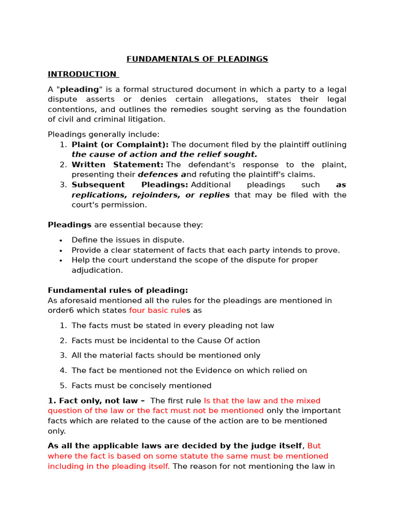 FUNDAMENTALS OF PLEADINGS | PDF | Pleading | Cause Of Action