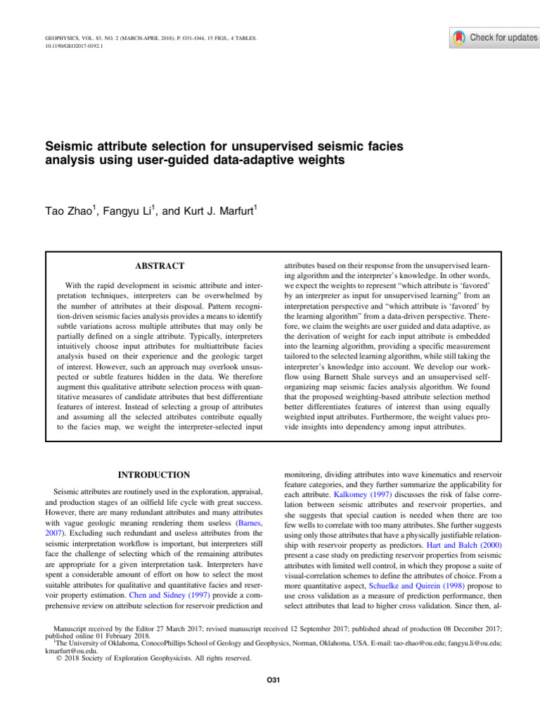 Zhao Et Al 2018-Seismic Attribute Selection for Unsupervised Seismic Facies Analysis | PDF ...