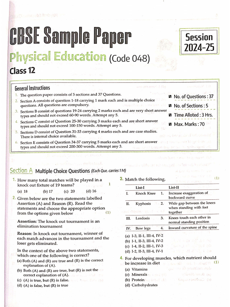 12, Physical Education Sample Papers | PDF