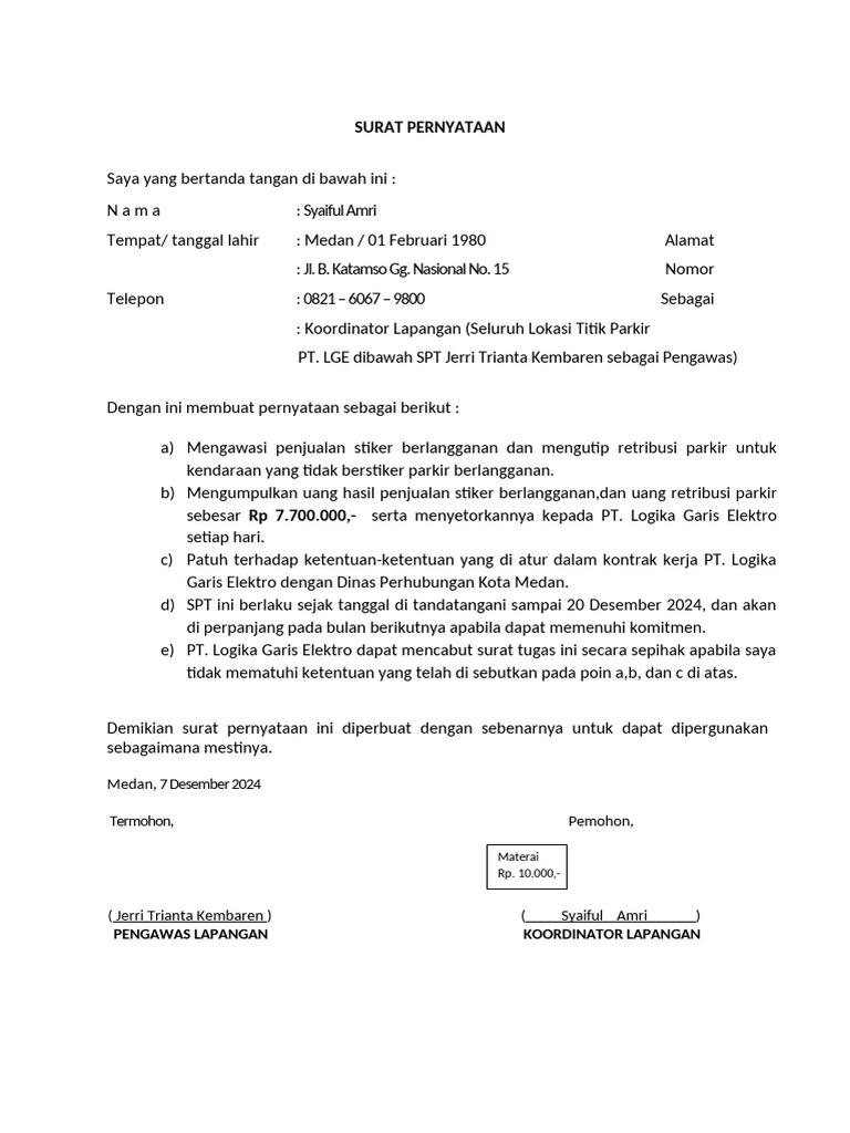 Surat Pernyataan Syaiful Amri | PDF