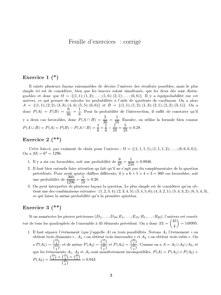 Exercices corrigés sur les probabilités | PDF | Probabilité | Théorie ...