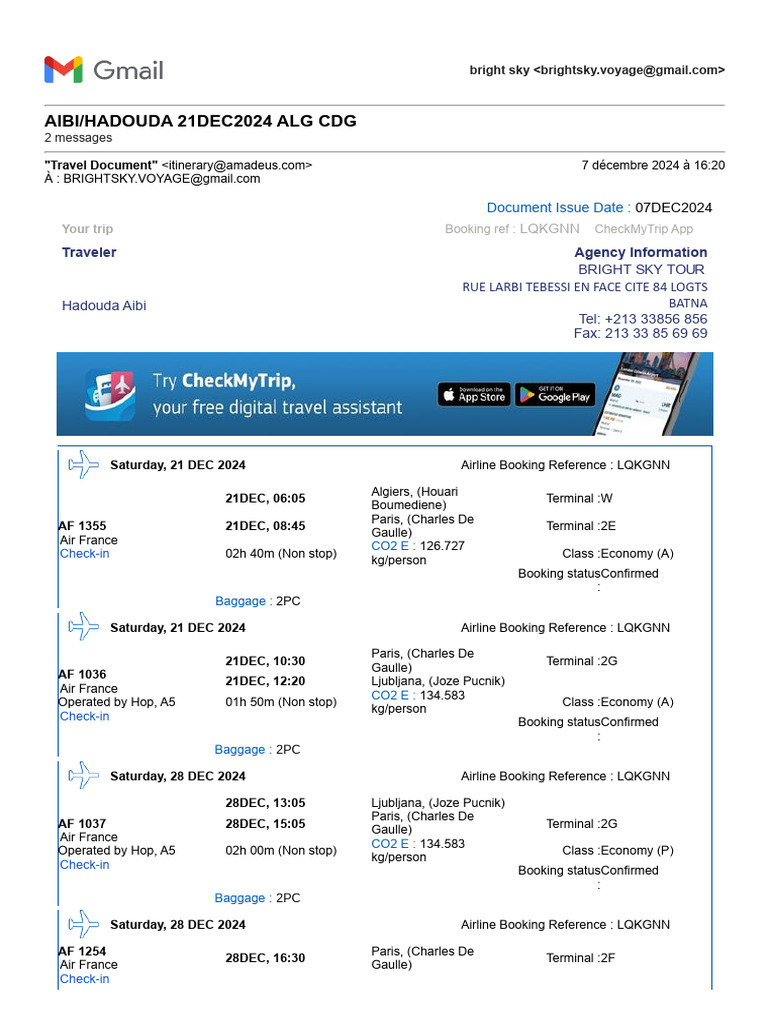 Gmail - AIBI - HADOUDA 21DEC2024 ALG CDG | PDF | Transport Companies | Aviation