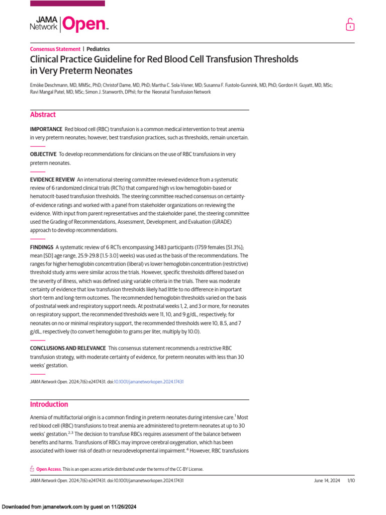 Clinical Practice Guideline For Red Blood Cell Transfusion Thresholds ...