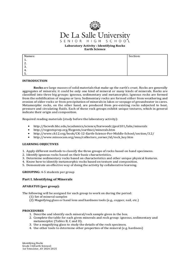 EarthScience Laboratory Activity Identifying Rocks and Minerals | PDF ...