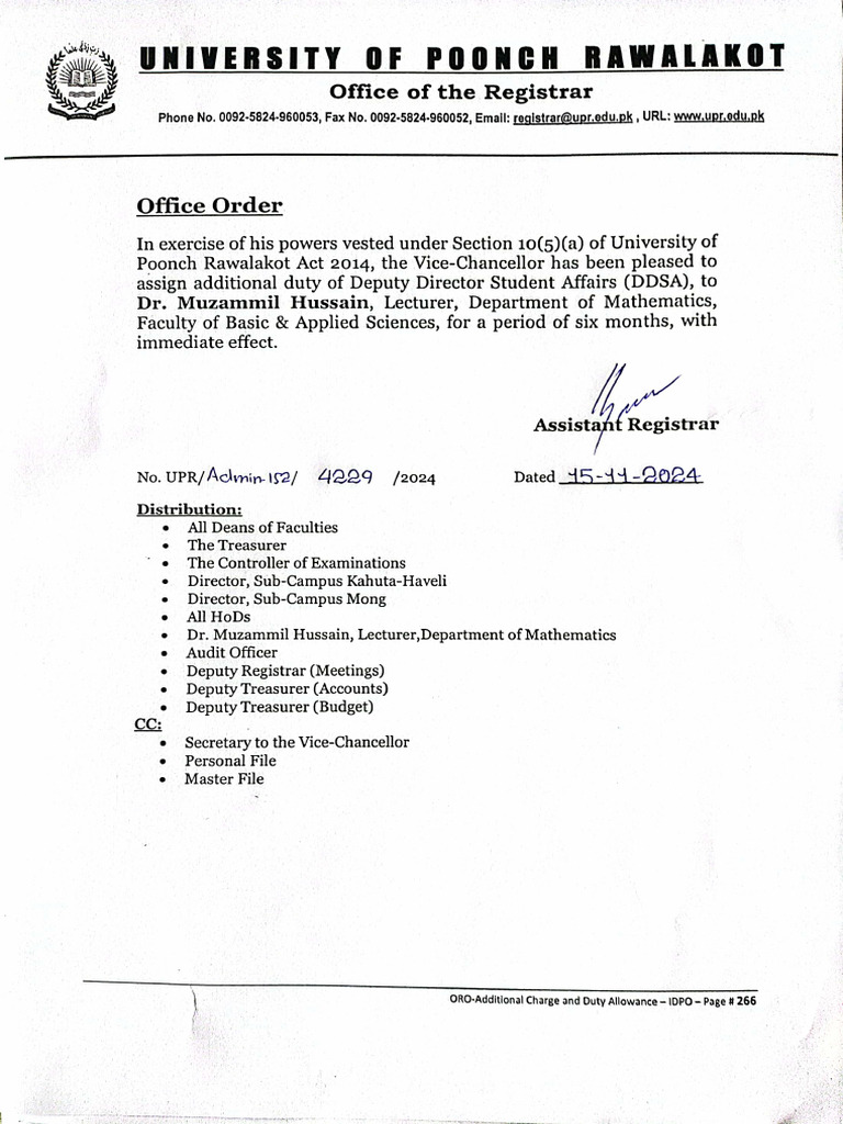 Office Order - Deputy Director Student Affair | PDF