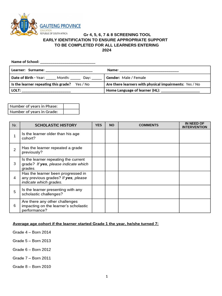 Screening Tool Grade 4 To 8 - 2024 | PDF