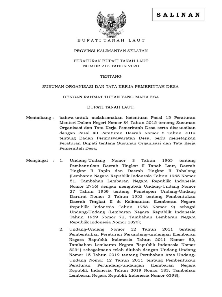 Perbup Tanah Laut Nomor 213 Tahun 2020 Tentang Sotk Desa | PDF
