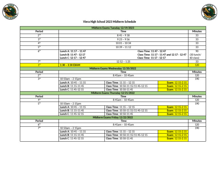 Viera High School 2023 Midterm Schedule | PDF