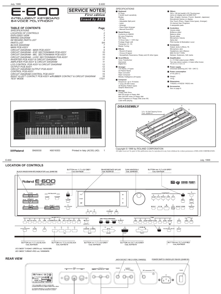 E-600 Intelligent Keyboard Service Notes | PDF | Piano | Amplifier