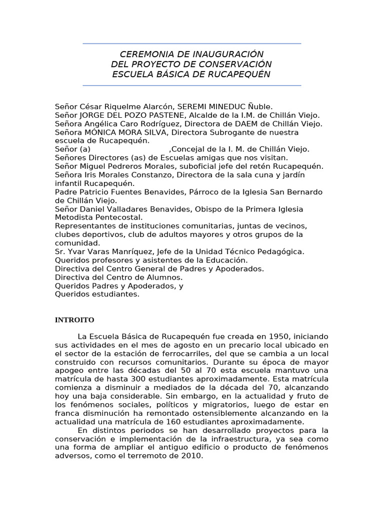 Inauguración Proyecto Escuela Rucapequén | PDF