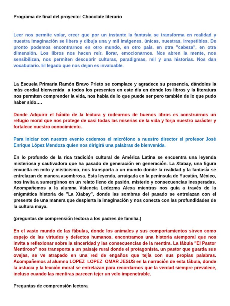 programa del evento el chocolate literario | PDF | Cuentos | Fábula