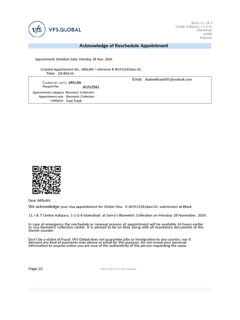 Visa Appointment Confirmation 2024 | PDF