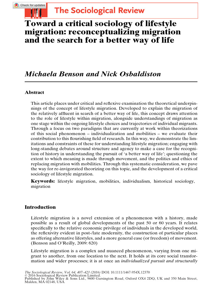 Benson Osbaldiston 2016 Toward A Critical Sociology of Lifestyle Migration Reconceptualizing ...