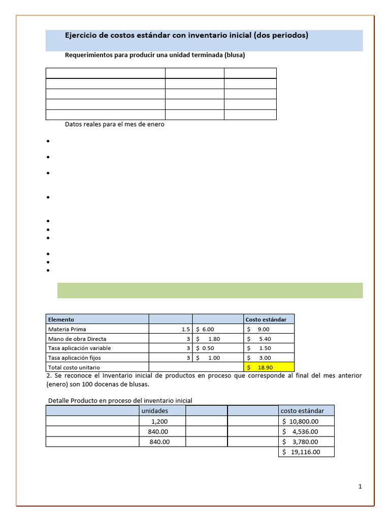 Ejercicio de Costos Estándar Con Inventario Inicial | PDF | Salario | Contabilidad financiera