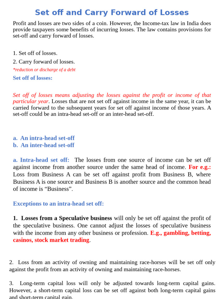 Unit 2 - Set Off and Carry Forward of Losses | PDF | Capital Gains Tax ...