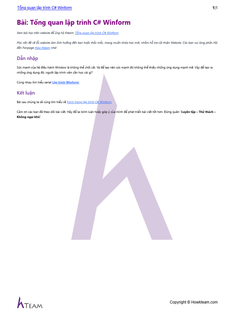 HOWKTEAM.VN - Tổng quan lập trình C# Winform | PDF