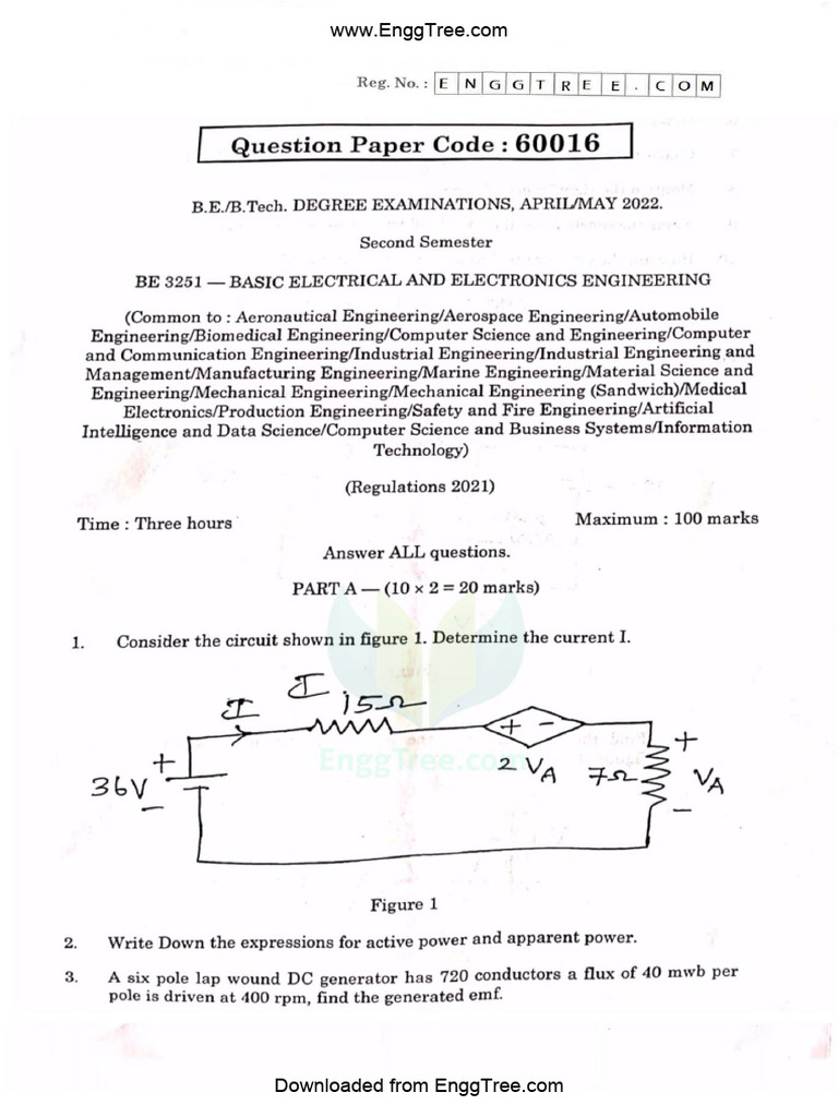 BE3251 Basic Electrical and Electronics Engineering Apr May 2022 Question Paper Download | PDF