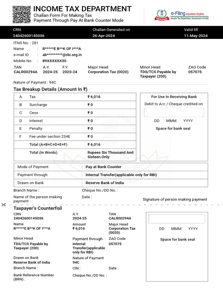 Income Tax Challan Payment Form 2024 | PDF | Cheque | Banks