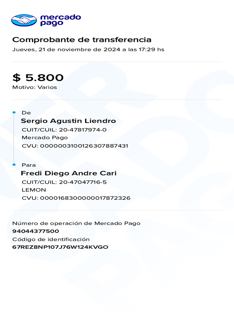 Mercadopago Comprobante 94044377500 | PDF