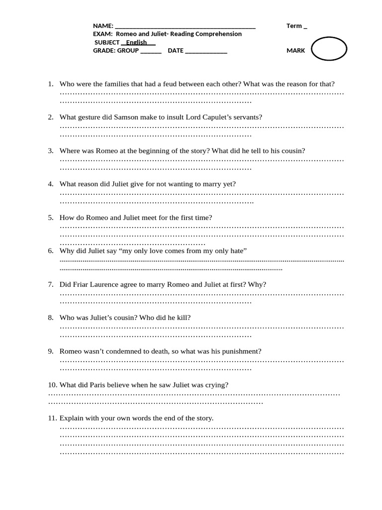 Romeo and Juliet Reading Comprehension Exam | PDF