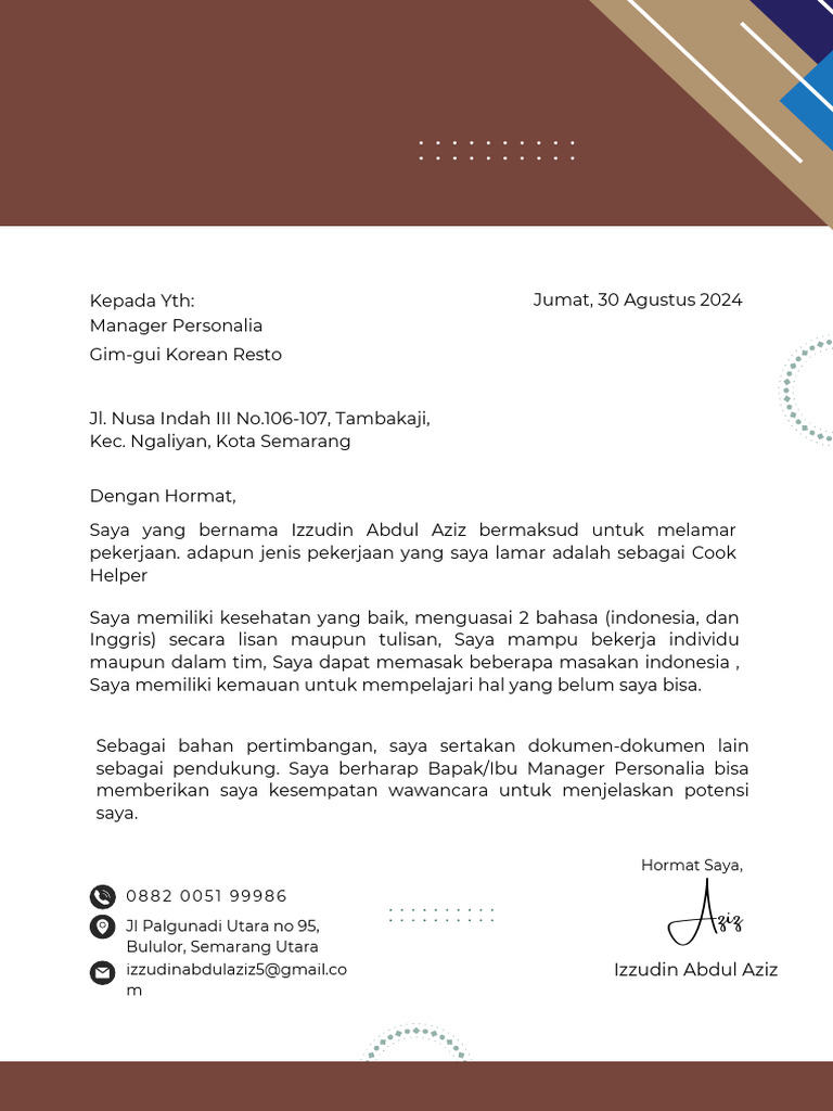 Surat Lamaran Gim-Gui Korean Resto | PDF