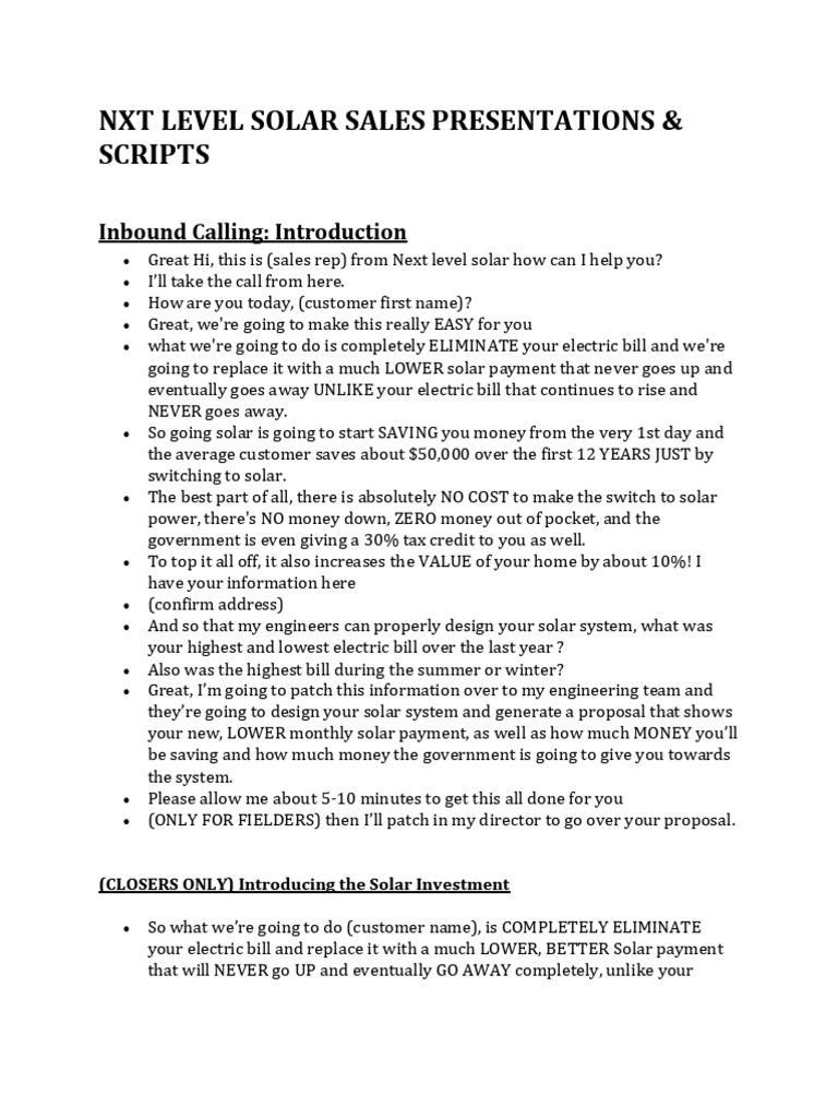 NXT Level Solar Sales Presentations 0 Scripts | PDF | Money | Mortgages