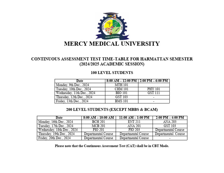 Continuous Assessment Test Schedule For 100L and 200L-1 | PDF
