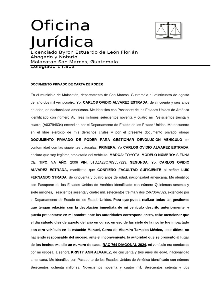 Carta de Poder de Devolucion Vehiculo Carlos Ovidio Alvarez Estrada - Y - Luis Fernando Strada ...