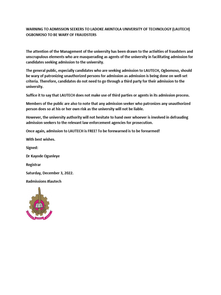 Warning To Admission Seekers To Ladoke Akintola University of ...