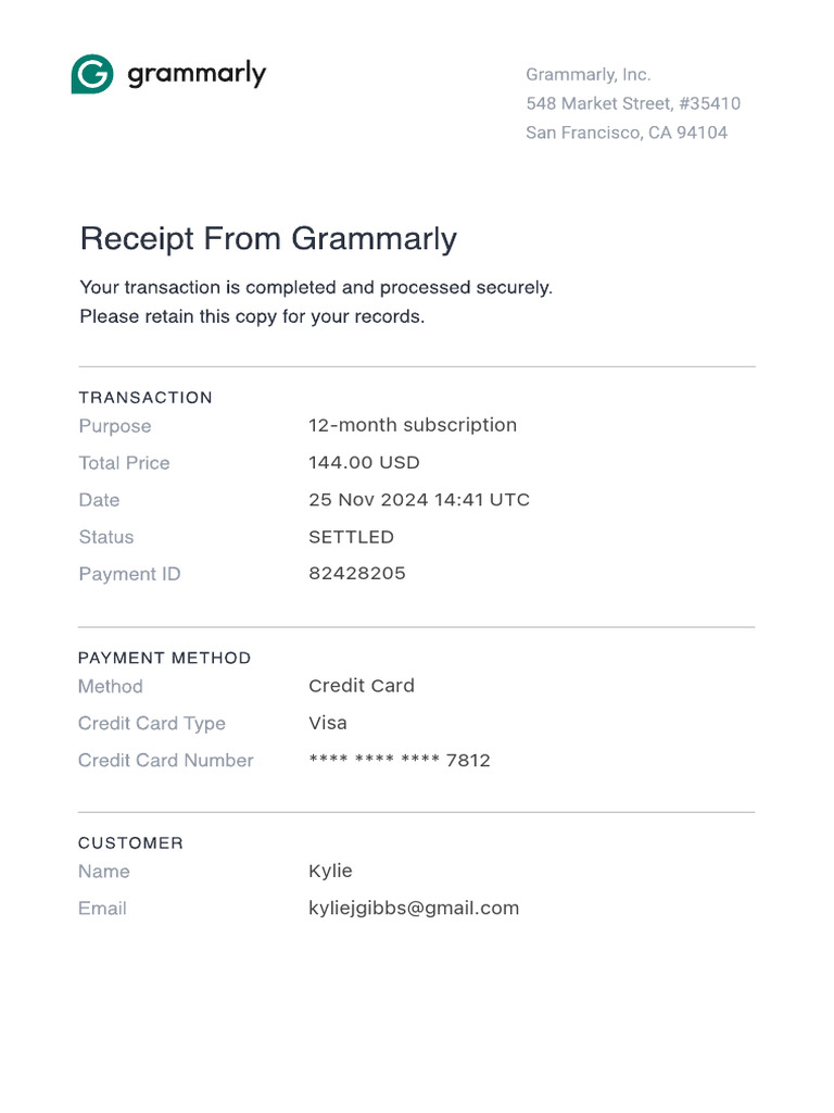 Grammarly Subscription Receipt - Nov 2024 | PDF
