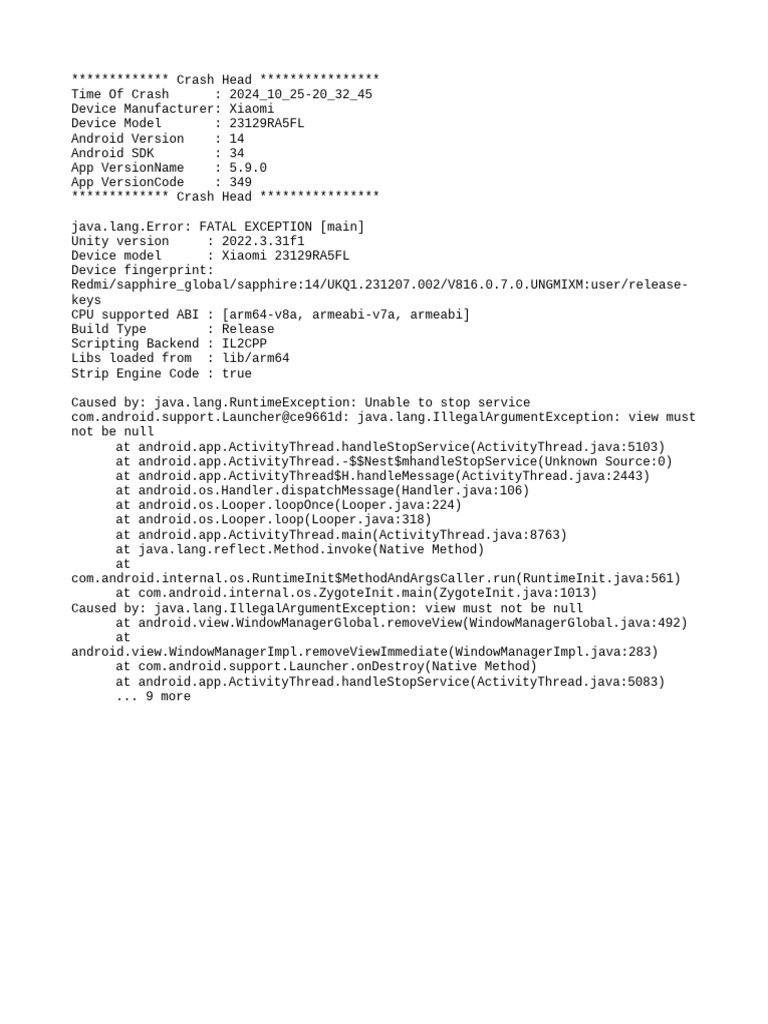 Xiaomi Crash Report: Unity Error 2024 | PDF