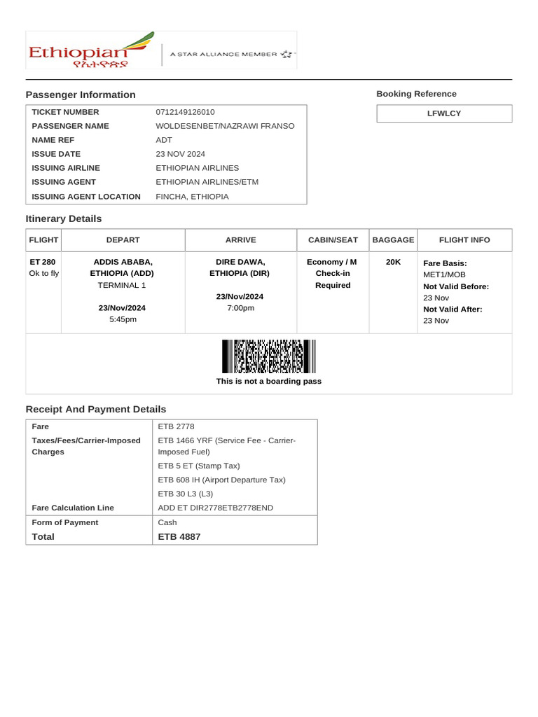 Electronic Ticket Receipt, November 23 For NAZRAWI FRANSO WOLDESENBET ...