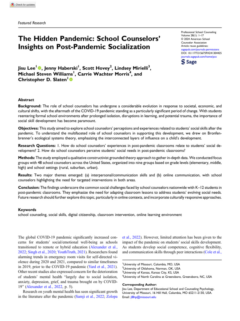 Lee Et Al 2024 The Hidden Pandemic School Counselors Insights On Post ...