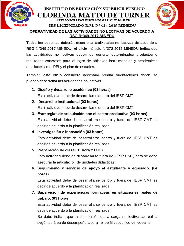 Actividades No Lectivas de Acuerdo A RSG N349-2017 | PDF