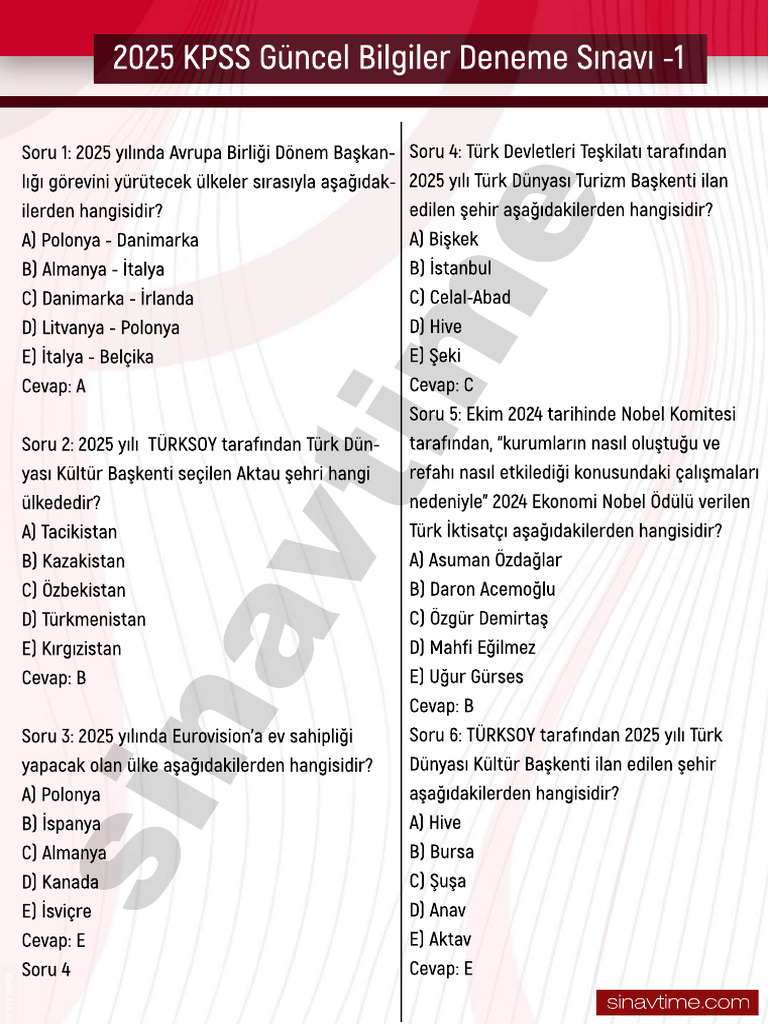 2025 Kpss Guncel Bilgiler Deneme Sinavi 1 | PDF